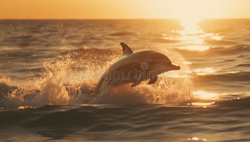 A Playful Dolphin Jumps, Spraying Water in the Back Lit Sunset ...