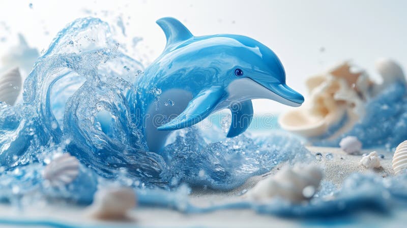 Playful Dolphin Splashing in Bright Blue Ocean Waves with Shells Stock ...