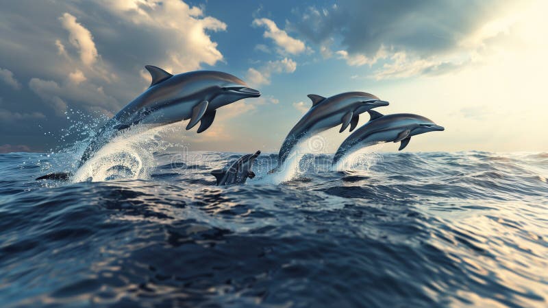 Playful Dolphins Jumping Out of the Ocean Stock Illustration ...