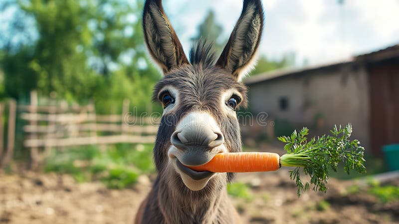 Playful Donkey Holds Fresh Carrot in Mouth while Posing for Camera ...