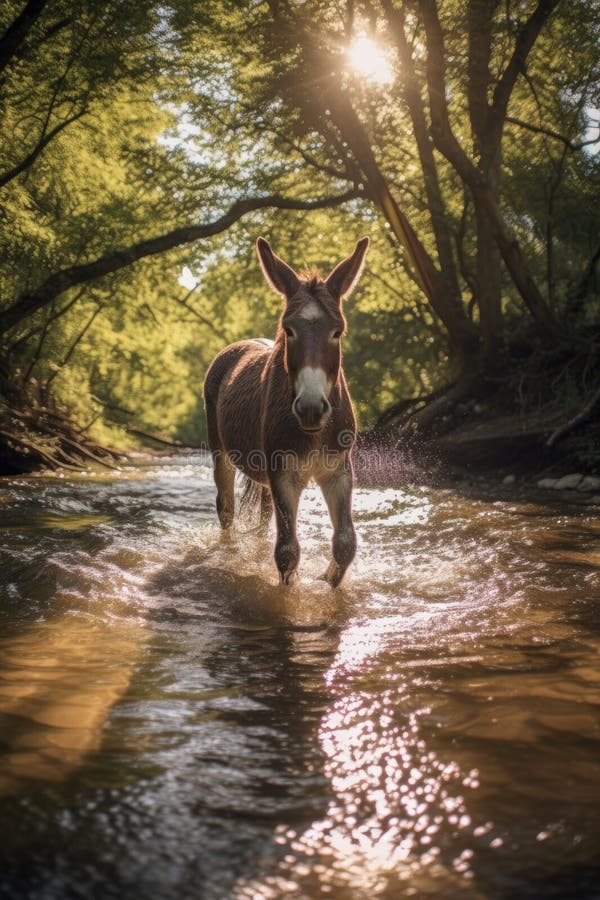 Playful Donkey Splashing in a Stream Stock Illustration - Illustration ...