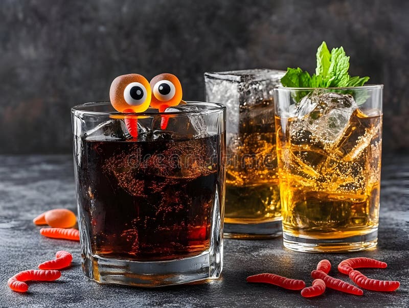 A Playful Drink Setup Featuring Beverages with Gummy Worms and Googly ...