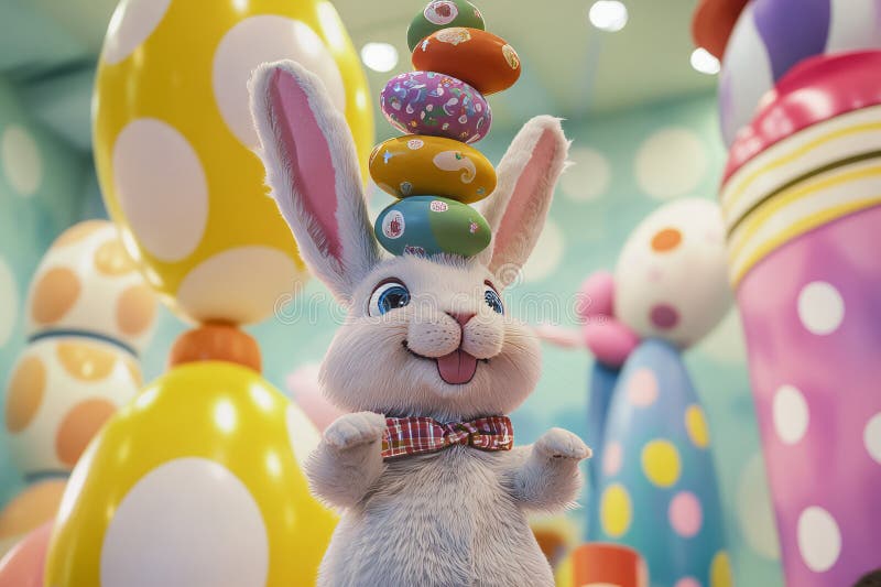 Playful Easter Bunny Balancing Stack Colorful Eggs Its Head Standing ...