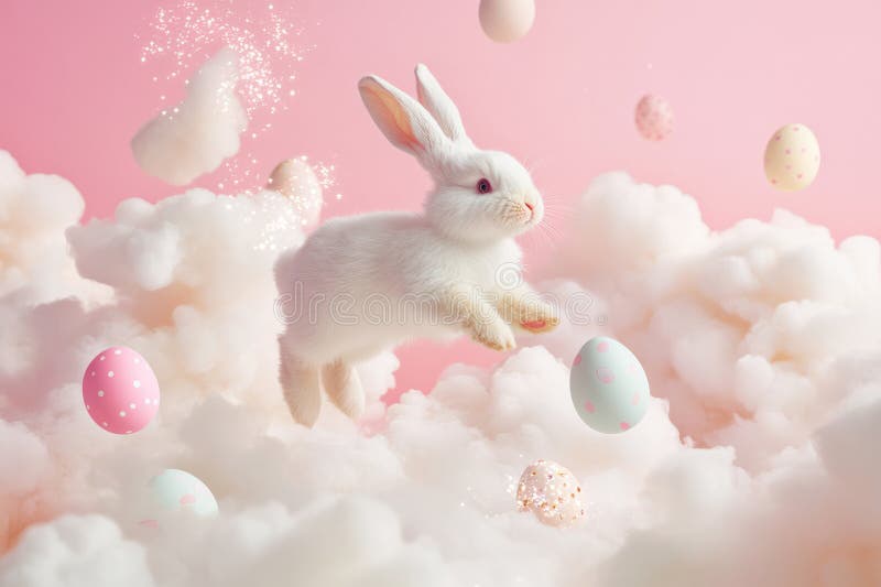 A Playful Easter Bunny Bouncing on Fluffy Cotton Candy Clouds, Leaving Behind a Sparkling Trail ...