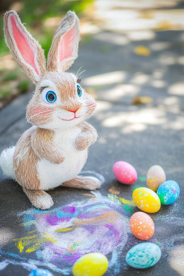 A Playful Easter Bunny Creating Chalk Art on a Sidewalk, with Vibrant ...