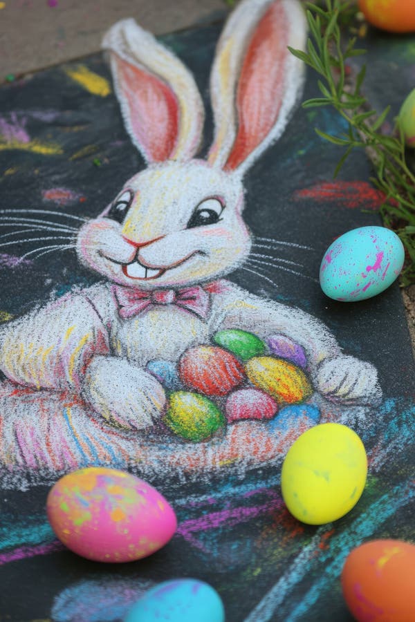 A Playful Easter Bunny Creating Chalk Art on a Sidewalk, with Vibrant ...
