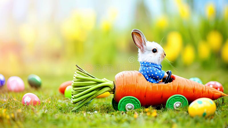 Playful Easter Bunny Driving a Carrot Car on a Spring Meadow with ...