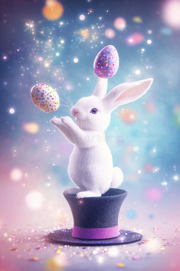 A Playful Easter Bunny Performing Magic Tricks, Pulling a Decorated Egg ...