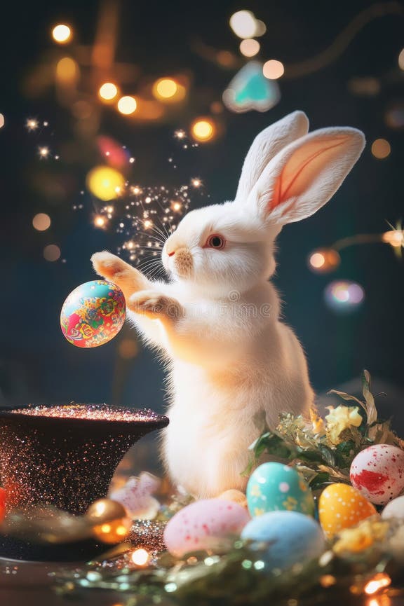 A Playful Easter Bunny Performing Magic Tricks, Pulling a Decorated Egg ...
