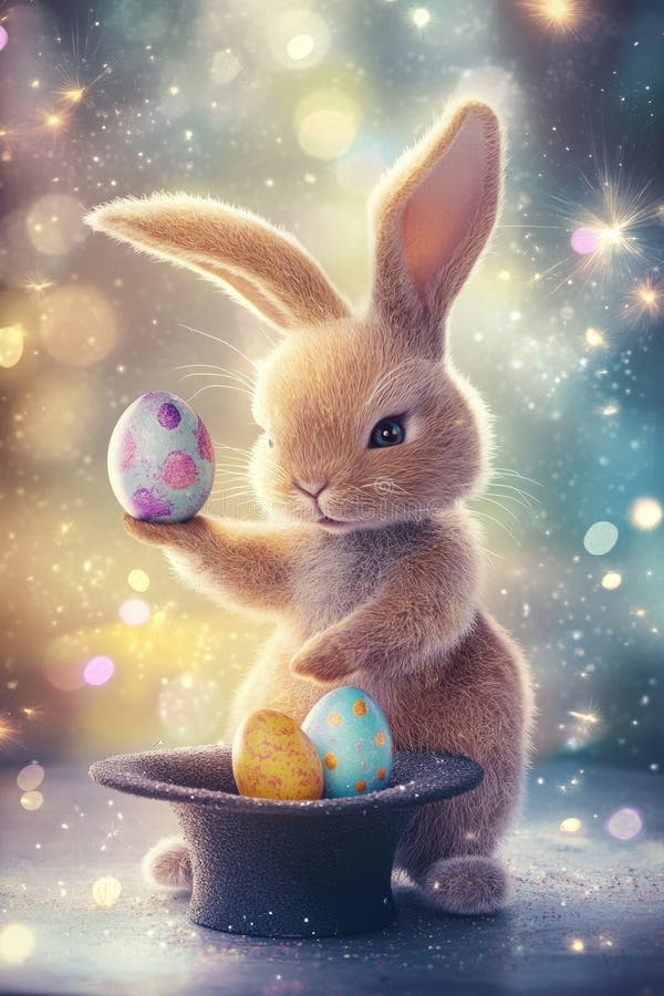 A Playful Easter Bunny Performing Magic Tricks, Pulling a Decorated Egg ...