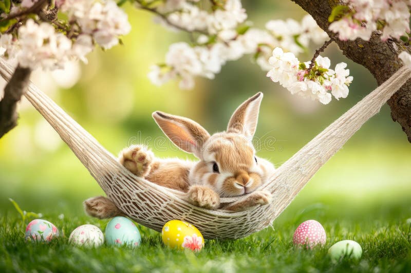 A Playful Easter Bunny Relaxing in a Hammock between Two Flowering ...