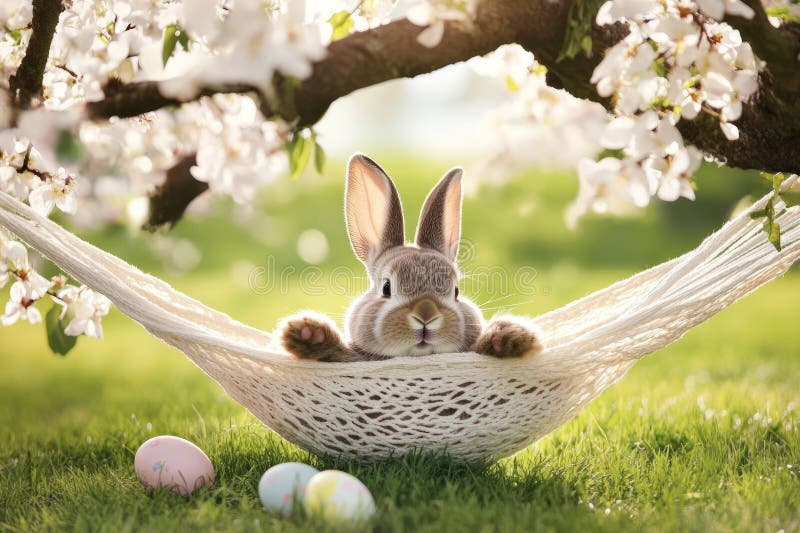 A Playful Easter Bunny Relaxing in a Hammock between Two Flowering ...