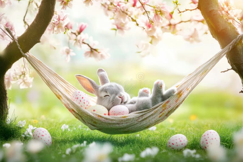 Playful Easter Bunny Relaxing Hammock Two Flowering Trees Lazily ...