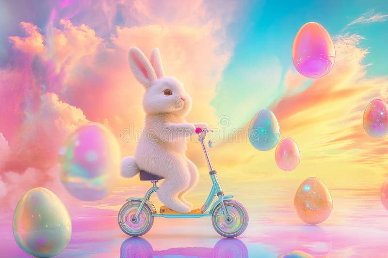 A Playful Easter Bunny Riding a Scooter, Surrounded by Floating ...