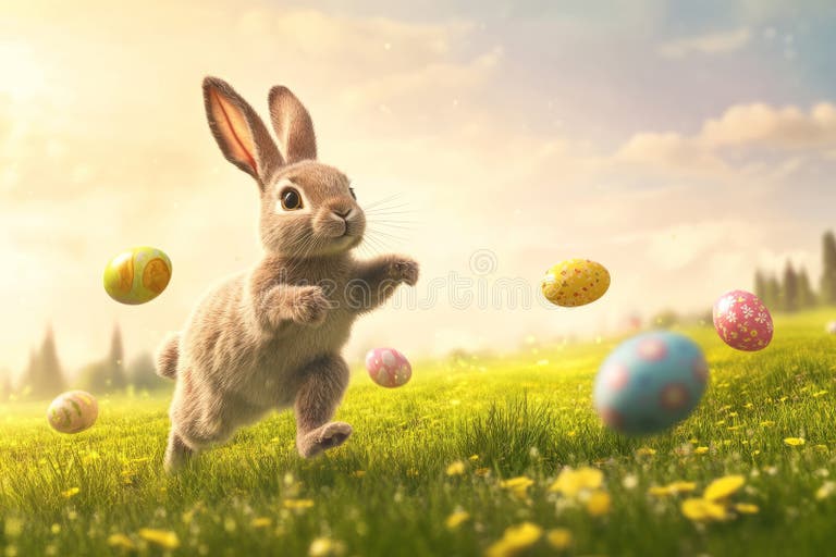A Playful Easter Bunny Running through a Field, with Multicolored ...
