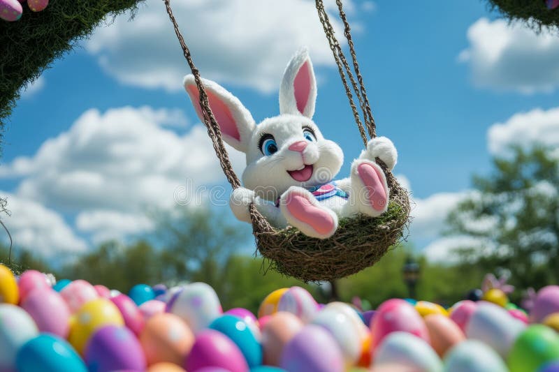 Playful Easter Bunny Sitting Swing Made Vines Swinging Over Field ...