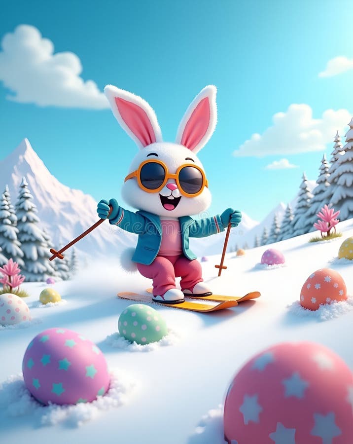 Playful Easter Bunny Skiing Down Spring Slopes with Egg-Shaped ...