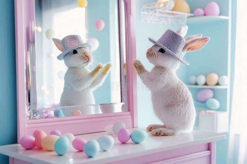 A Playful Easter Bunny Standing in Front of a Mirror, Trying on ...