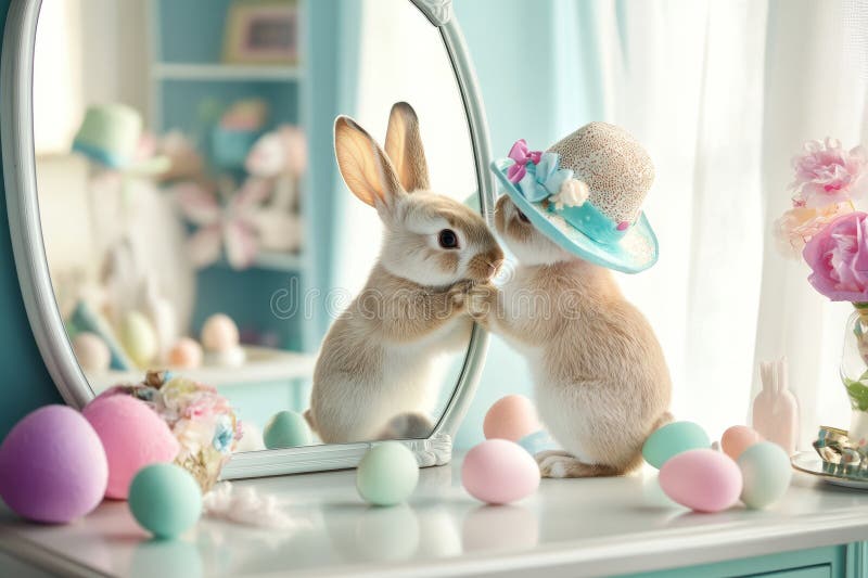 A Playful Easter Bunny Standing in Front of a Mirror, Trying on ...