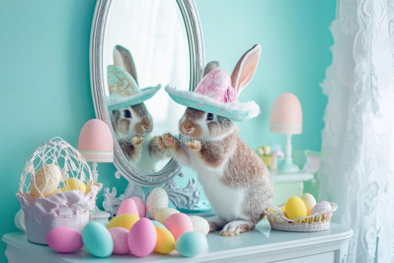 A Playful Easter Bunny Standing in Front of a Mirror, Trying on ...