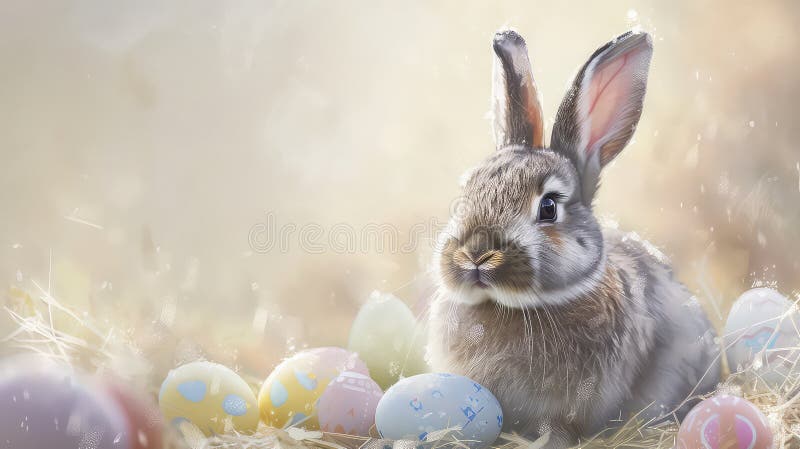 A Playful Easter Bunny Surrounded by Colorful Easter Eggs Stock ...