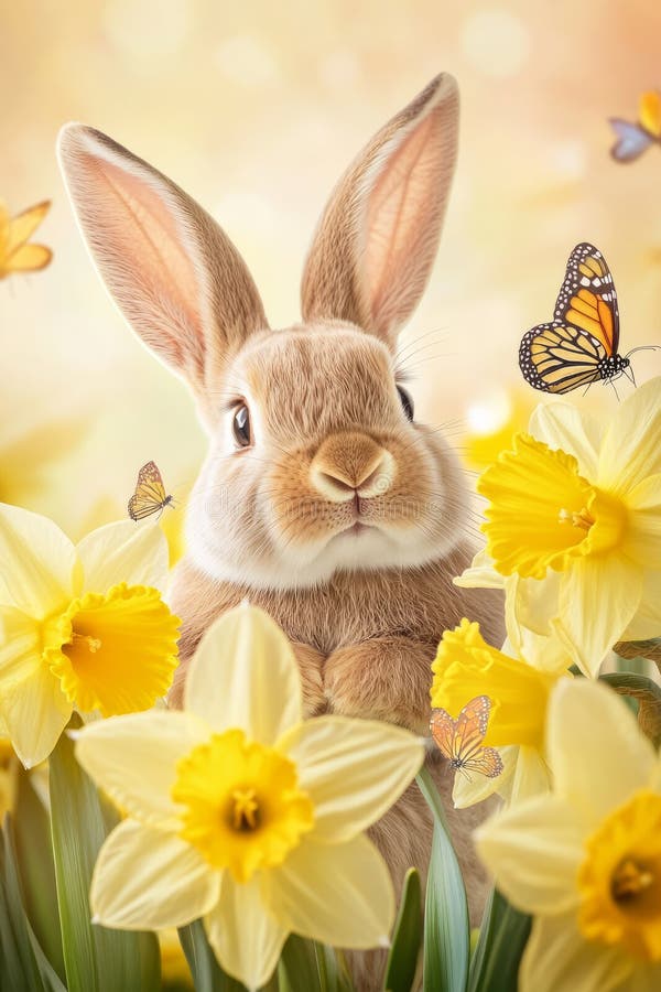 A Playful Easter Bunny Surrounded by Oversized Daffodils, Its Fur ...