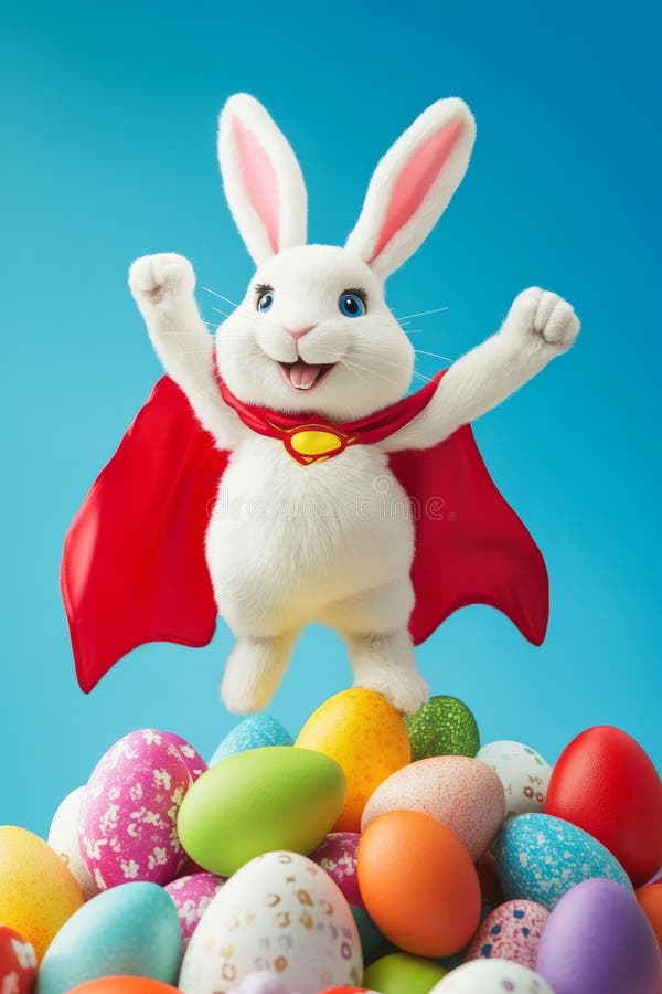 Playful Easter Bunny Wearing Superhero Cape Standing Triumphantly Pile ...