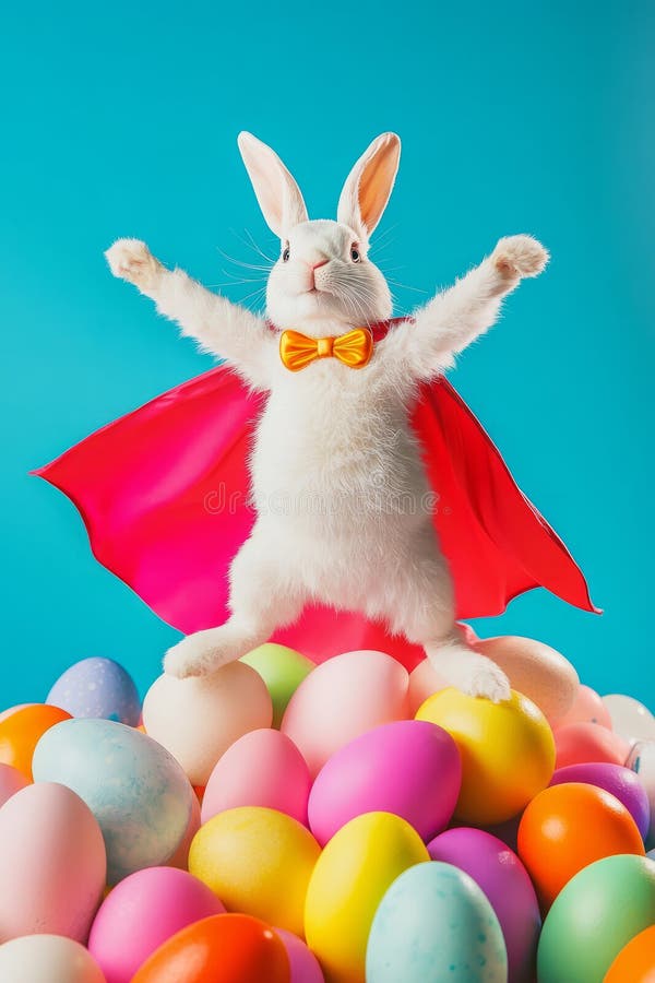 A Playful Easter Bunny Wearing a Superhero Cape, Standing Triumphantly ...