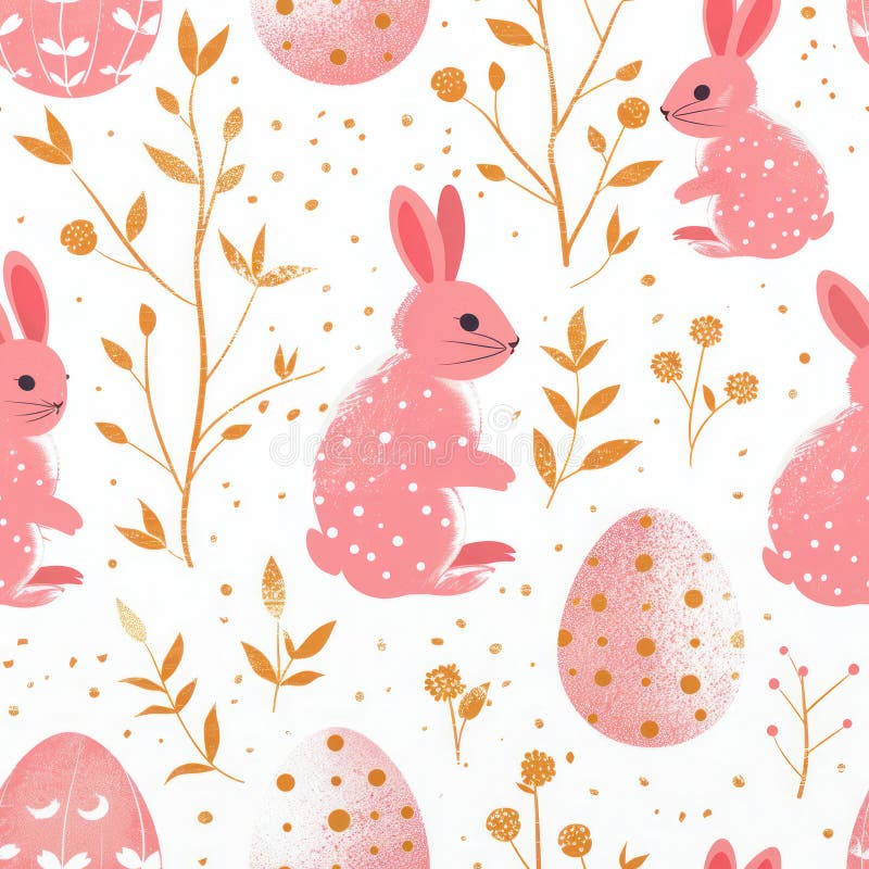 Playful Easter Pattern Featuring Pink Polka-dot Bunnies, Decorated Eggs ...