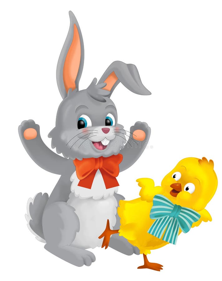 Playful Easter Rabbit And Chicken Having Fun Isolated Illustration