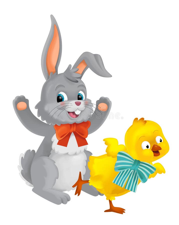 Playful Easter Rabbit and Chicken Having Fun Isolated Illustration ...