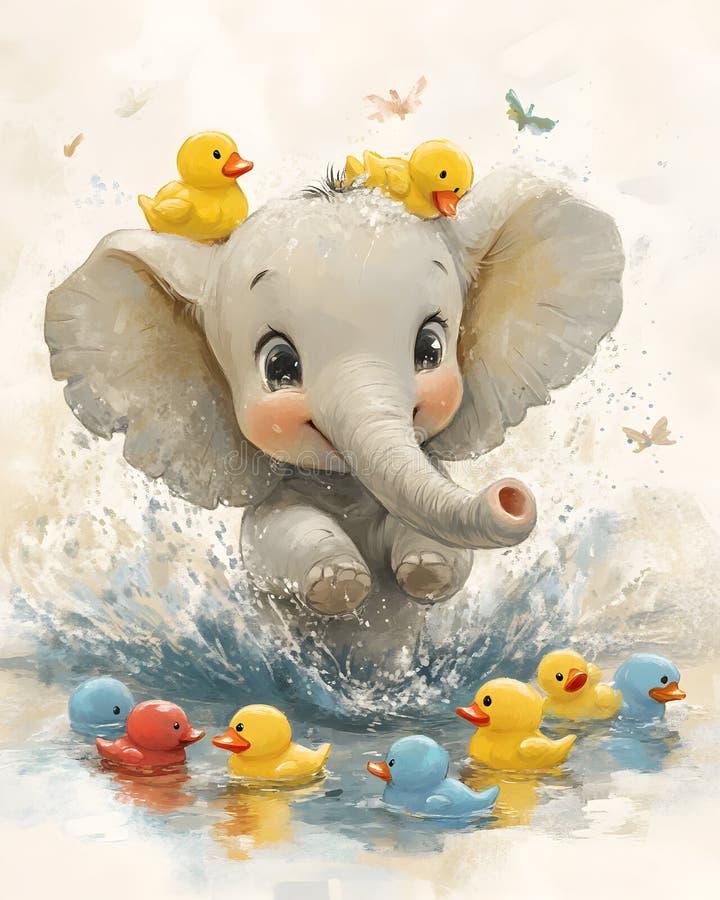 A Playful Elephant Splashes in Water Surrounded by Colorful Rubber ...