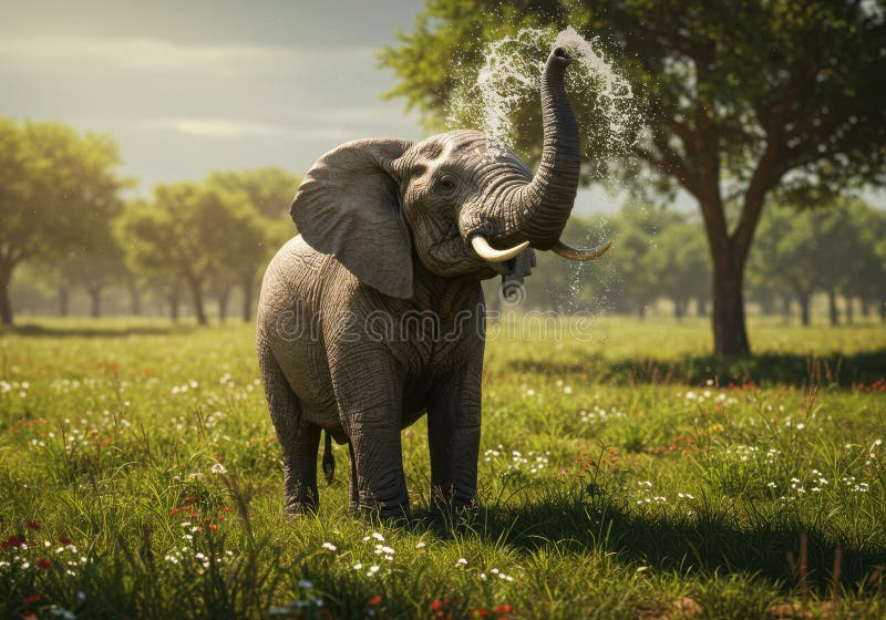 Playful Elephant Spraying Water in Sunny Landscape with Lush Greenery ...