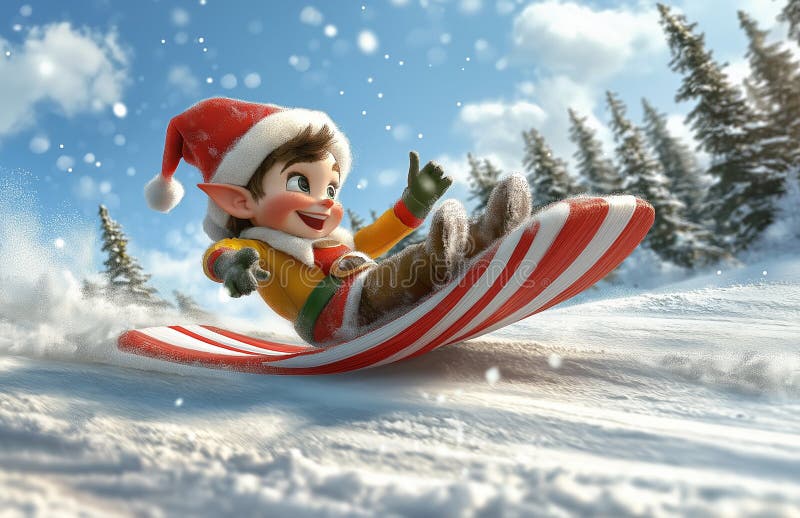 A Playful Elf Slides Down a Snowy Slope on a Lollipop Stock Image ...