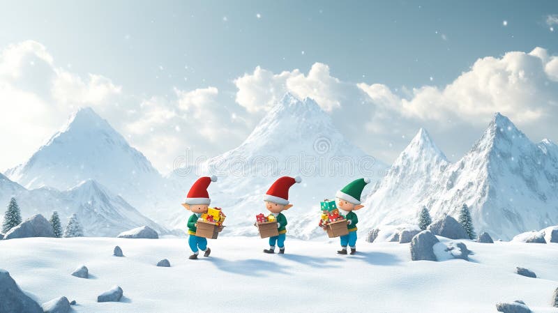 Playful Elves Trekking through Snow-covered Mountains Stock ...
