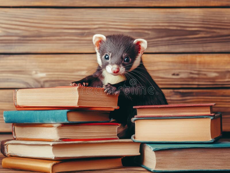 Playful Ferret Climbing on a Bookshelf Surrounded by a Pile of Books ...
