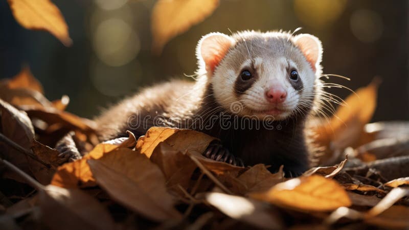 Adorable Ferret Kit among Autumn Leaves in Warm Sunlight Stock ...