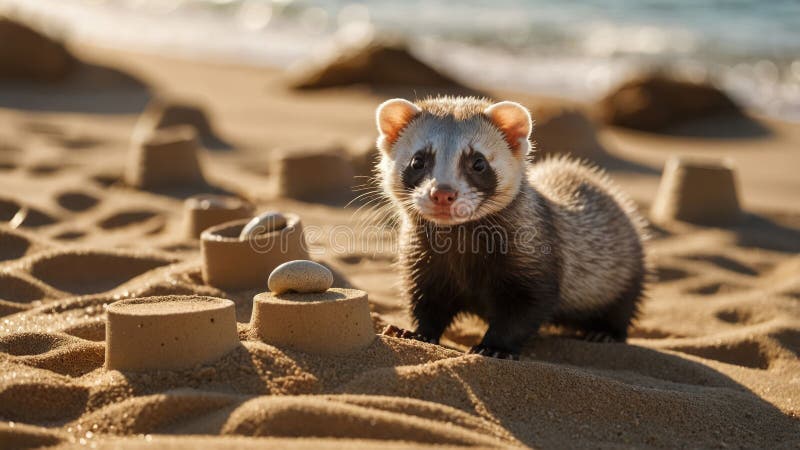 Adorable Ferret Playing on Sandy Beach at Sunset Stock Illustration ...