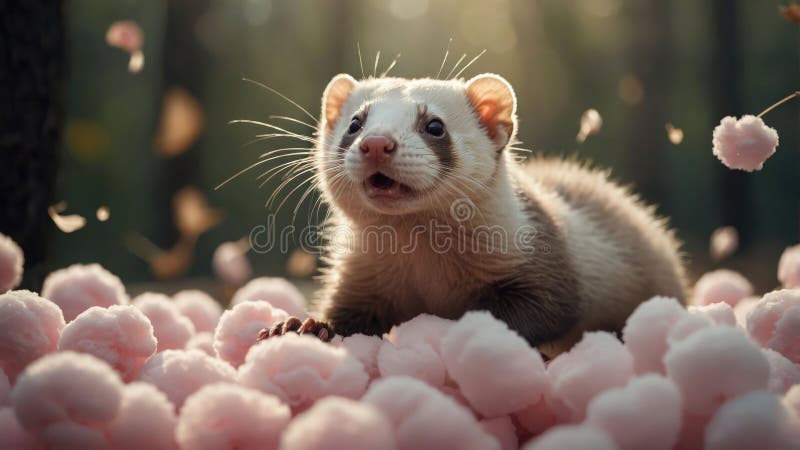 Adorable Baby Ferret Playing in Pink Cotton Balls Stock Illustration ...