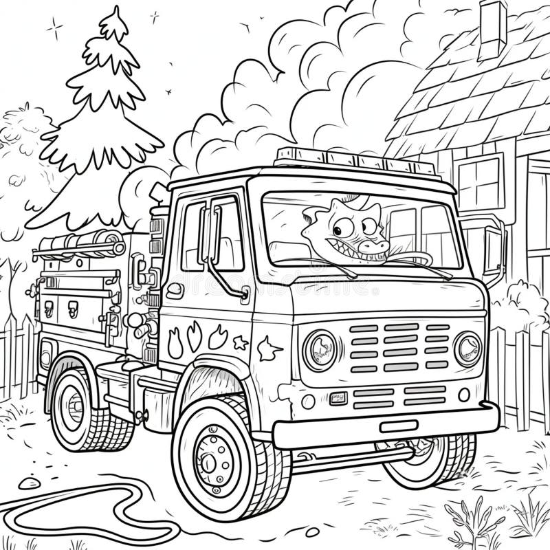 A Playful Fire Truck Illustration Featuring a Cartoon Character Driver ...