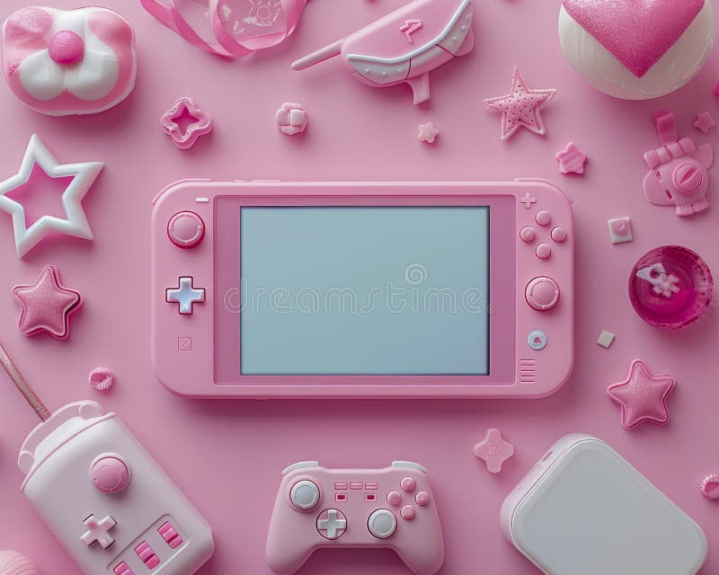 Playful Flat Lay of Assorted Pink Gaming Accessories and Console on a ...
