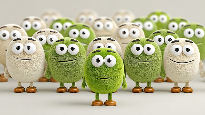 Playful Fluffy Cartoon Characters in Green and Beige Tones 3D Render ...