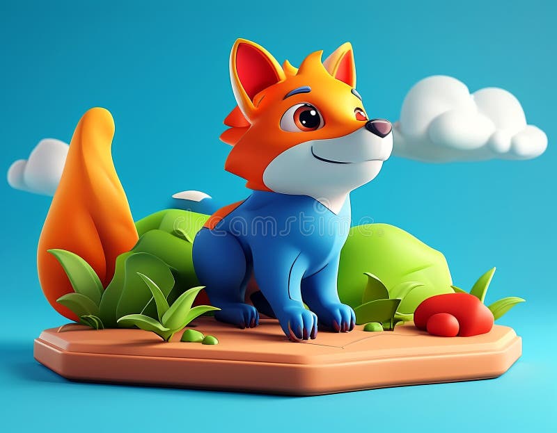 A Playful Fox Character in a Vibrant Landscape with Clouds and Greenery ...