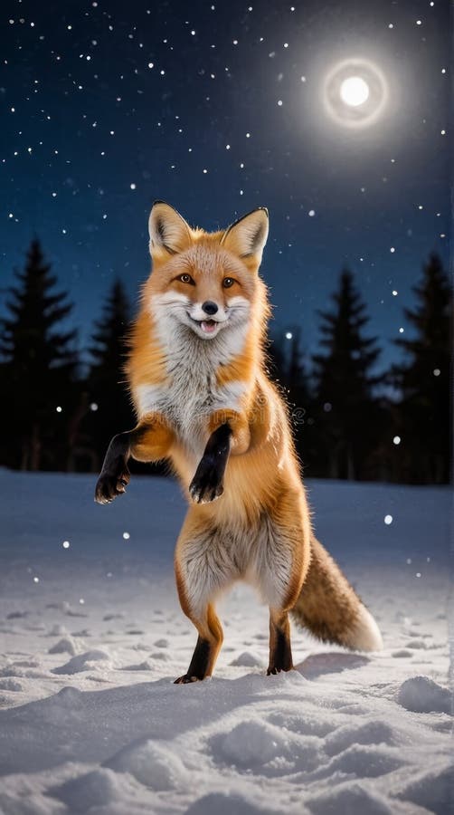 Playful Fox Dancing Under Moonlight: Enchanting Winter Snow Scene Stock ...