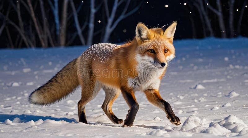 Playful Fox Dancing Under Moonlight: Enchanting Winter Snow Scene Stock ...