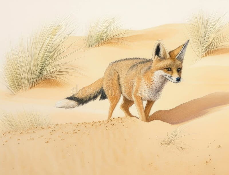 Playful Fox with a Pointed Muzzle Runs Across the Sand Dunes. Cute ...