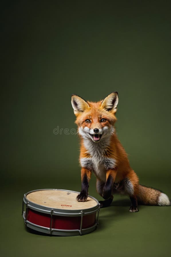 Adorable Red Fox Playing Drums Studio Shot Stock Illustration ...