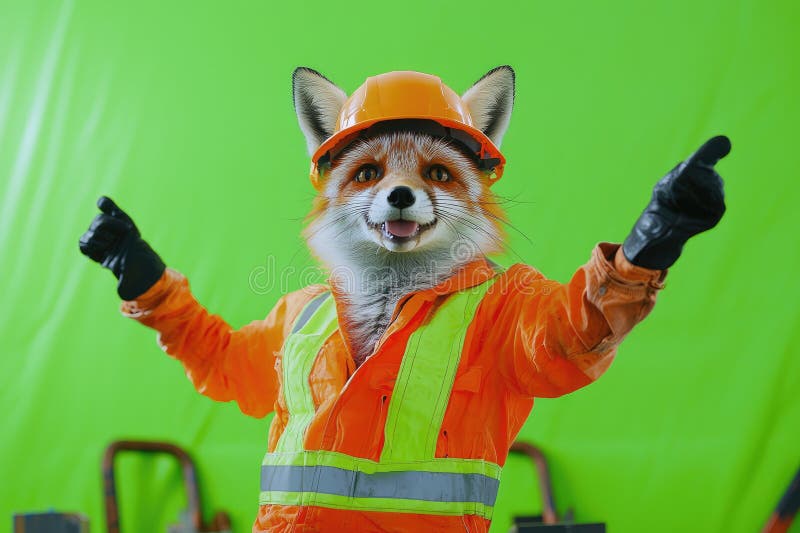 Playful Fox Wearing Construction Helmet and Safety Gear, Smiling ...