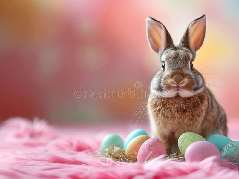 Playful Funny Easter Bunny with Colored Eggs on Pink Background Stock ...