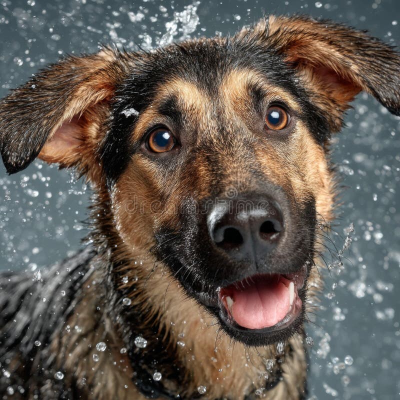 Playful German Shepherd Puppy Portrait with Water Splash Stock ...